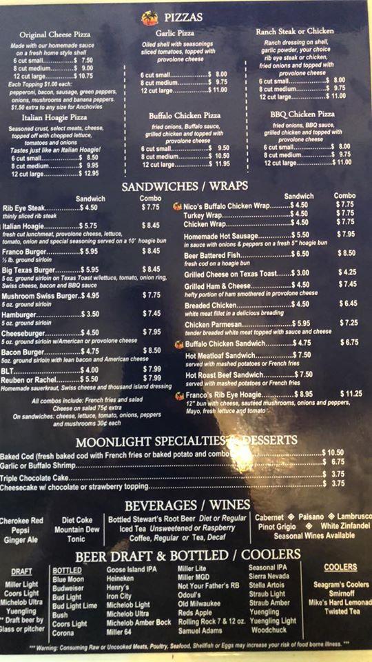 Menu at Moonlight Inn pub & bar, Vandergrift, La Belle Vue Rd
