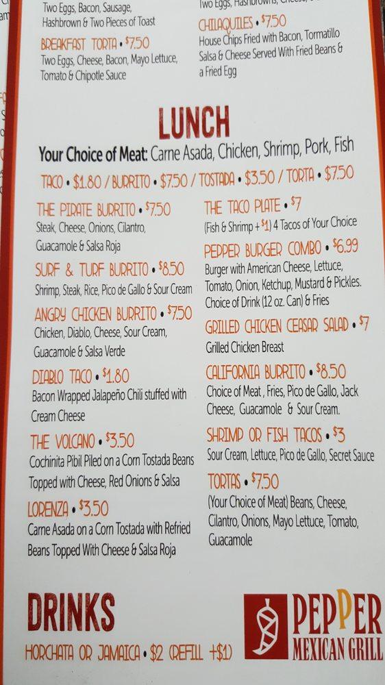 Menu at Pepper Mexican Grill restaurant, Los Angeles
