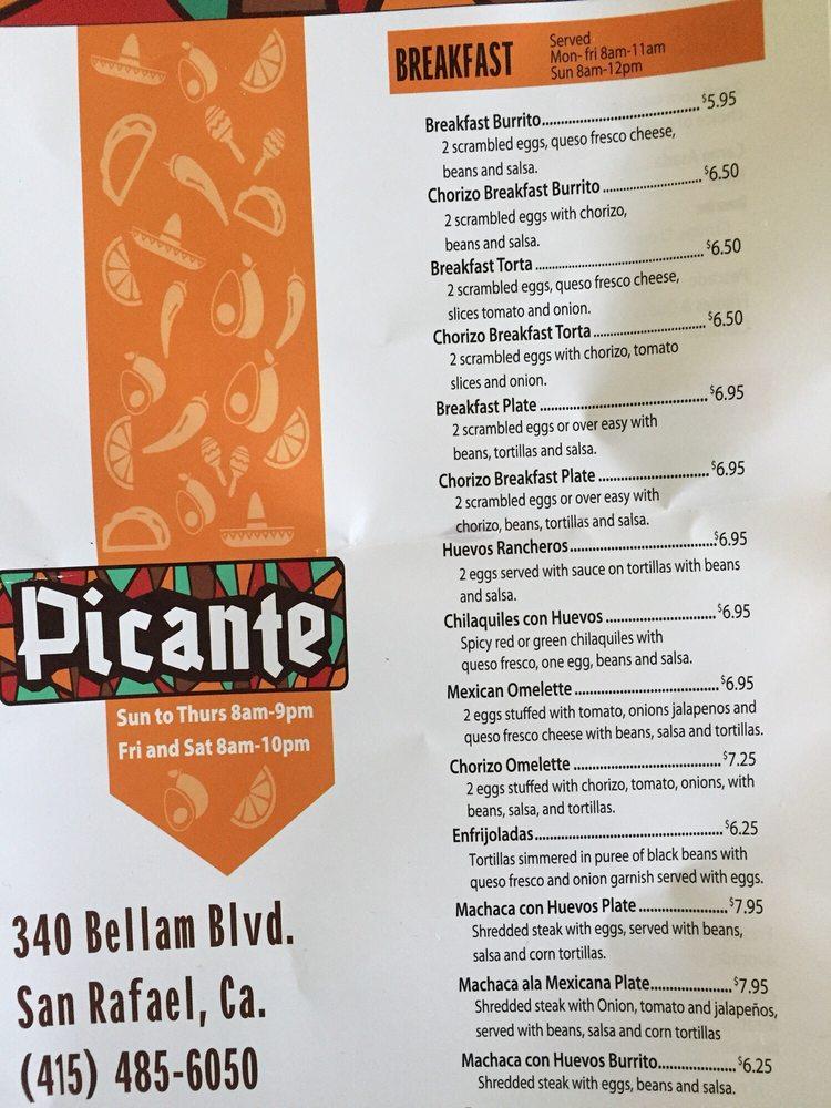 Menu at Picante restaurant, San Rafael