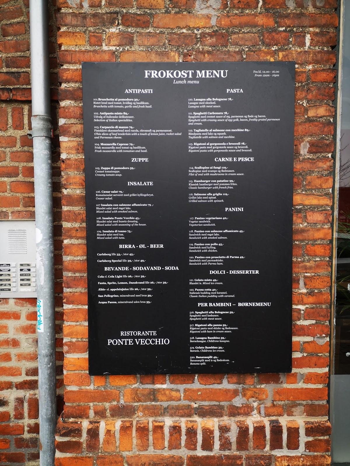 Speisekarte von Ponte Vecchio restaurant, Kopenhagen