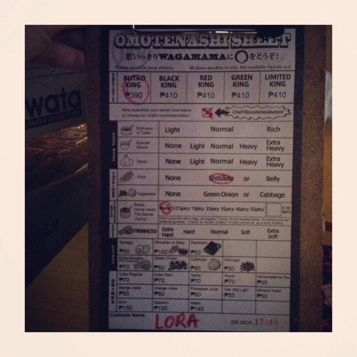 Menu at Ramen Nagi restaurant, Pasay, SM Mall Of Asia