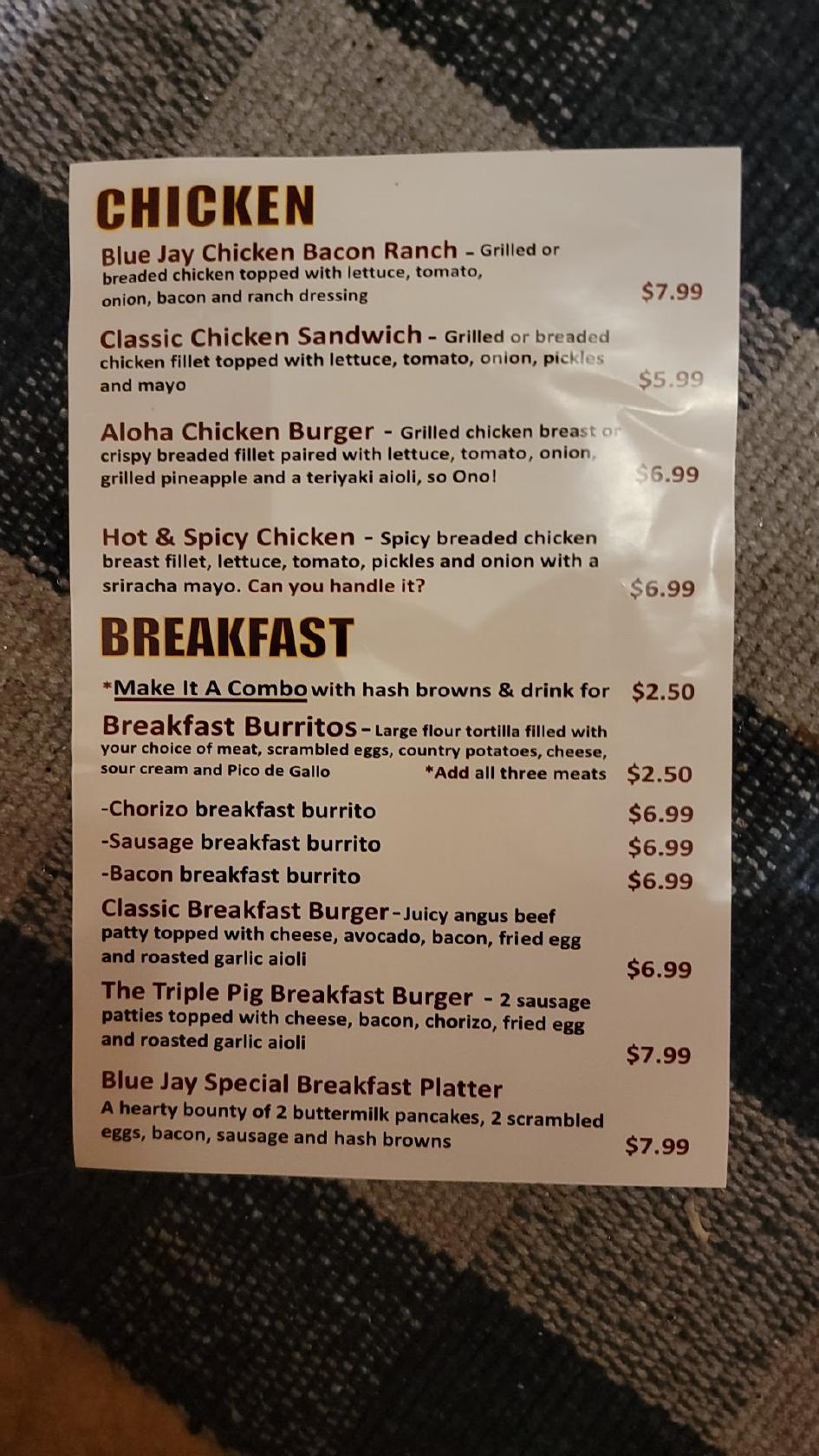 Menu at Blue Jay Burgers restaurant, Lake Arrowhead