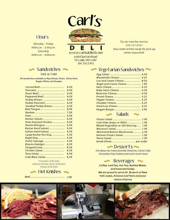 Menu at Carl's Deli restaurant, Clayton