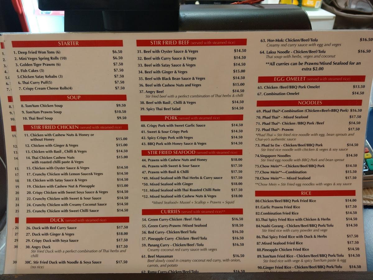Menu at Chaiyo Restaurant, Nelson City, Nelson