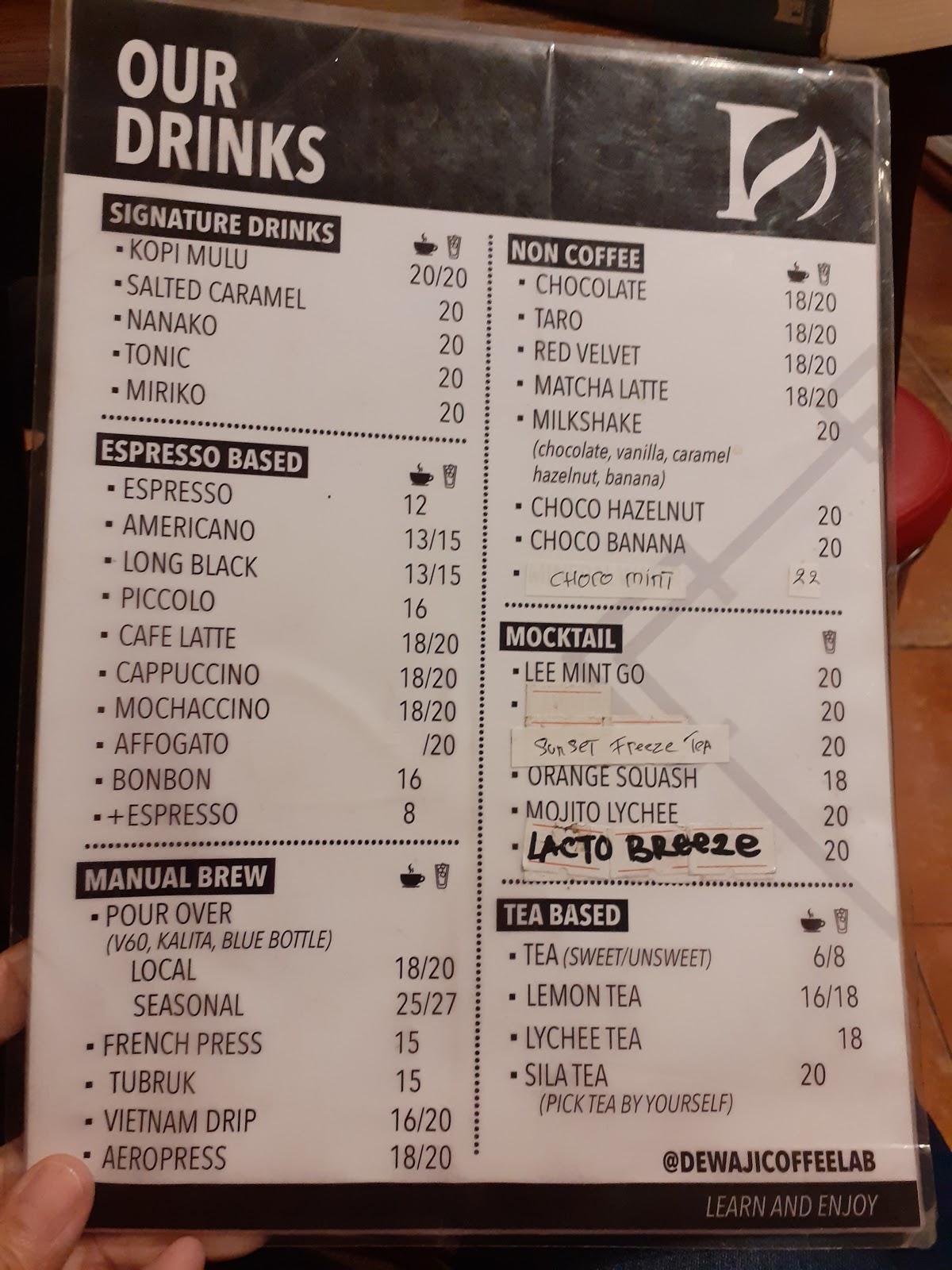 Menu at Dewaji Coffee cafe, Bandung