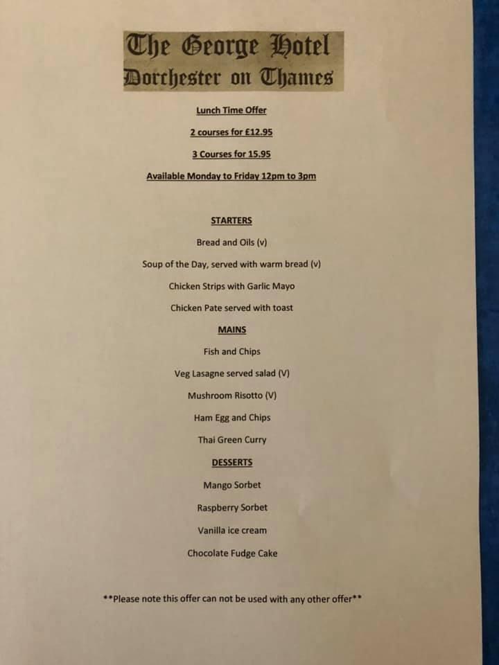 Menu at The George Hotel restaurant, Dorchester