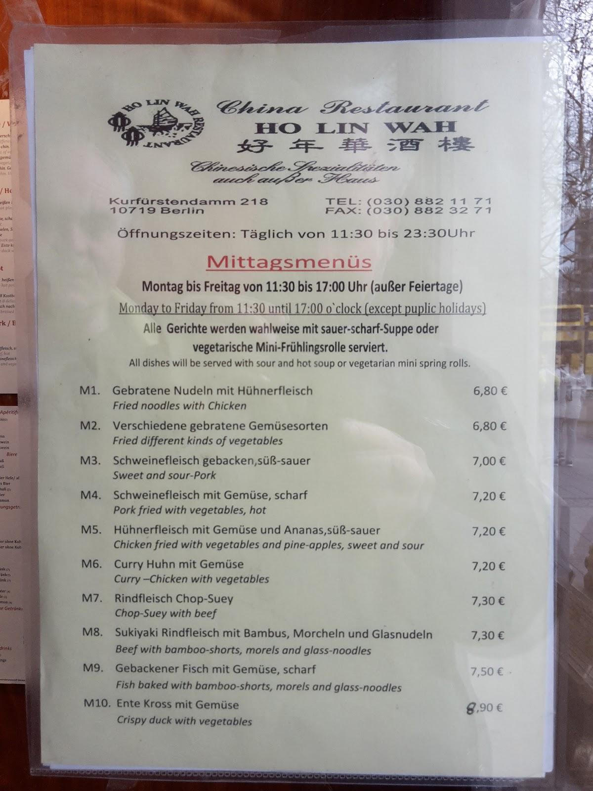 Menu at Ho Lin Wah restaurant, Berlin