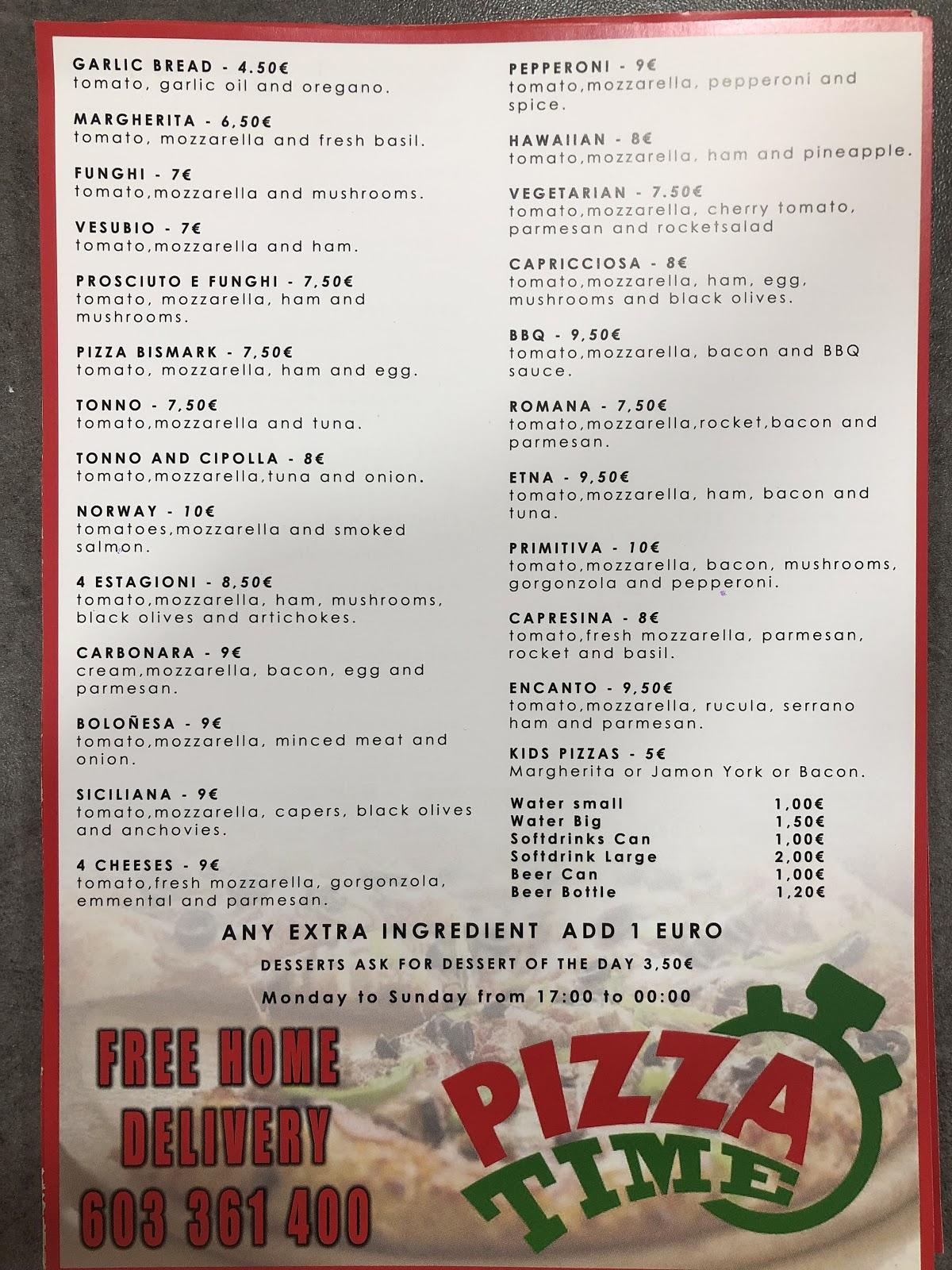 Menu at PIZZA TIME restaurant, Marbella