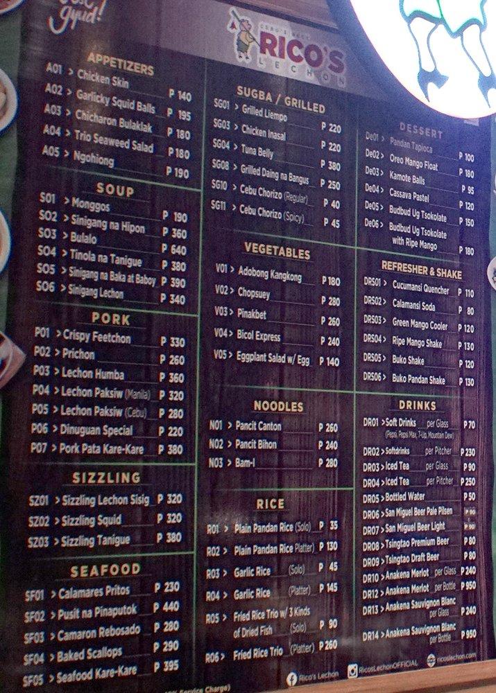 Menu at Rico's Lechon - Glorietta restaurant, Makati, Top of The Glo ...