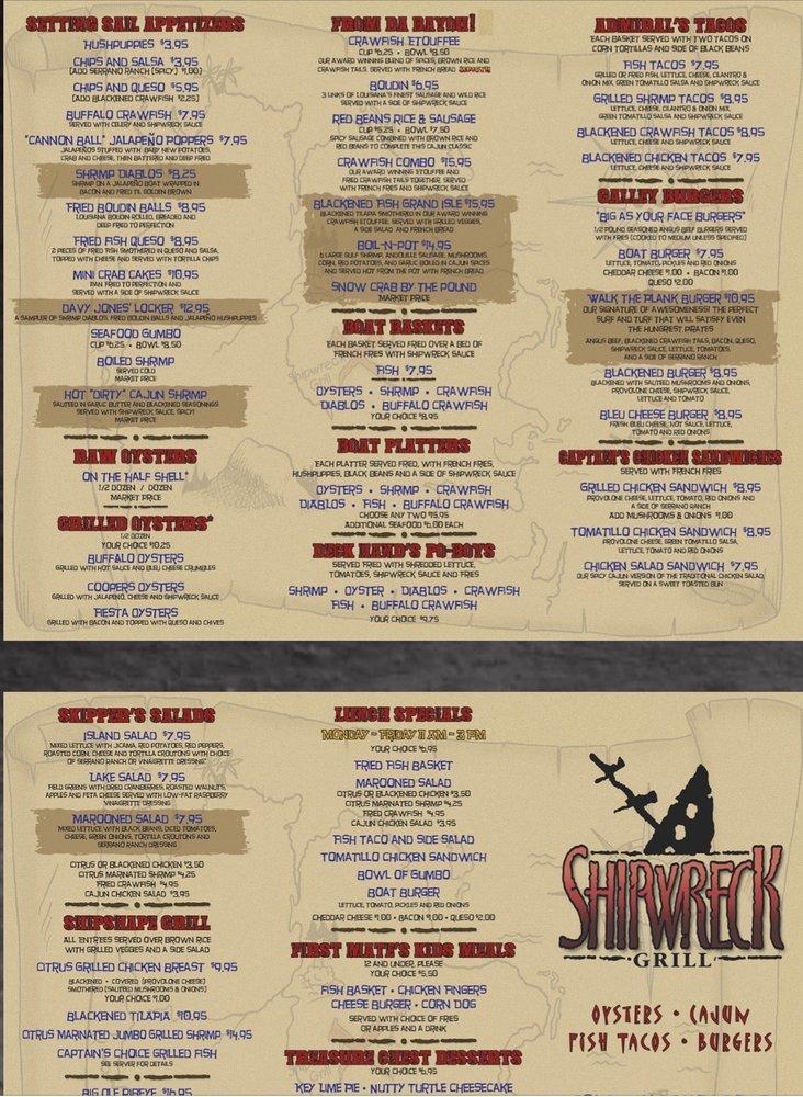 Menu at Shipwreck Grill pub & bar, Bryan