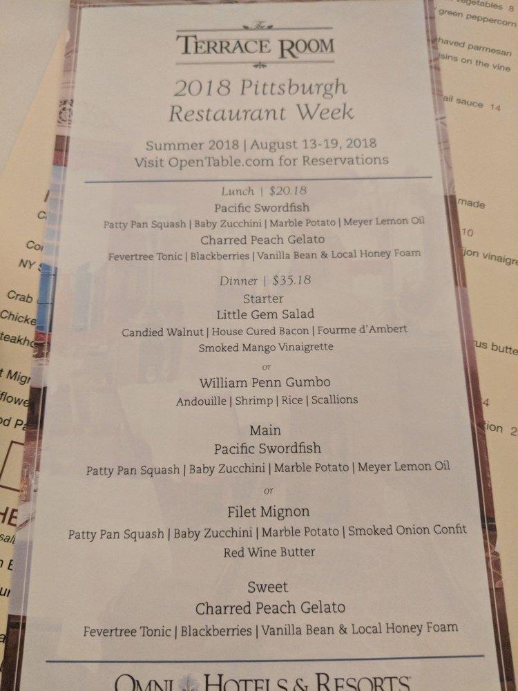Menu at The Terrace Room restaurant, Pittsburgh