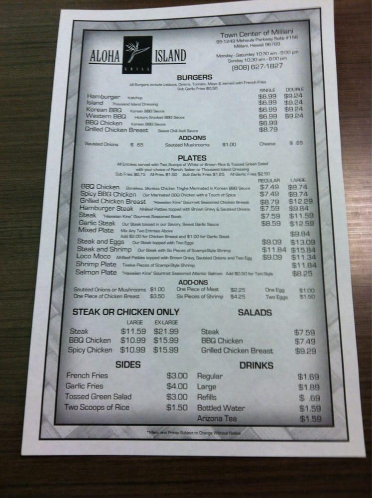 Carta de parrilla Aloha Island Grill, Waipio Acres, 95-1249 Meheula ...