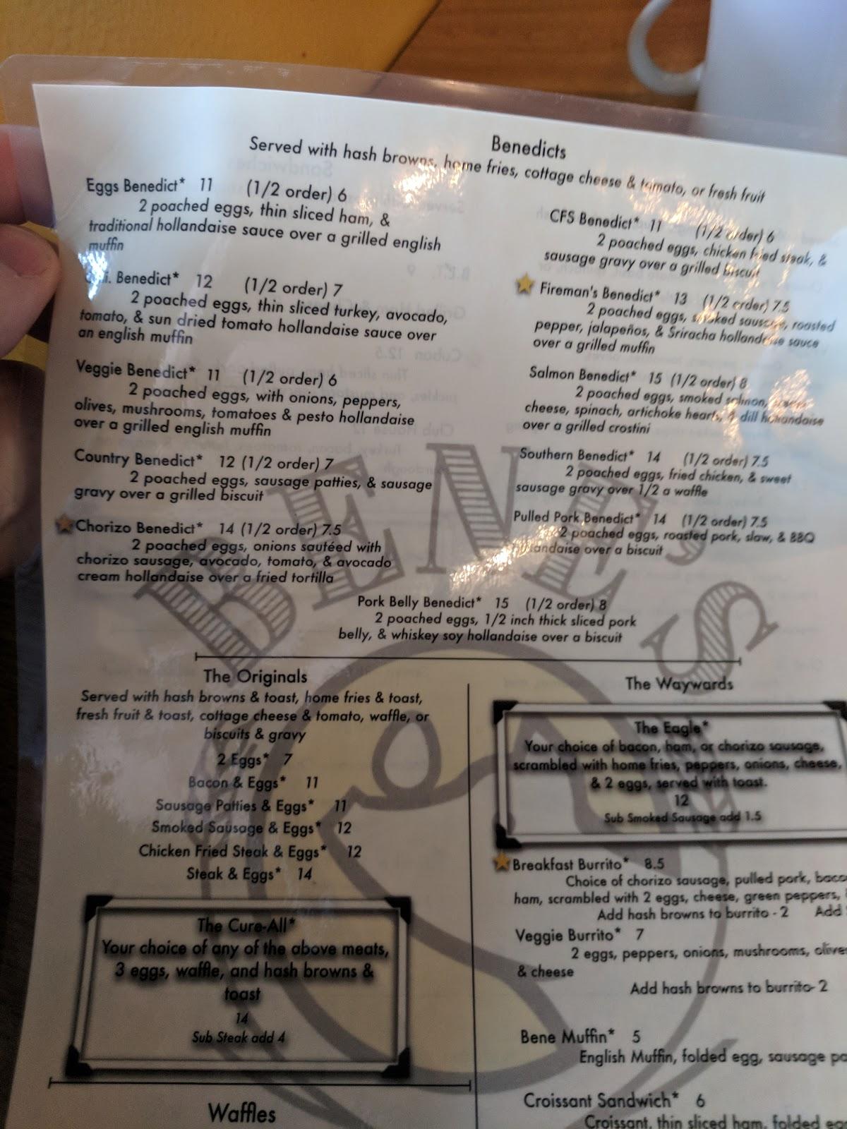 Menu at Bene's restaurant, Cheney