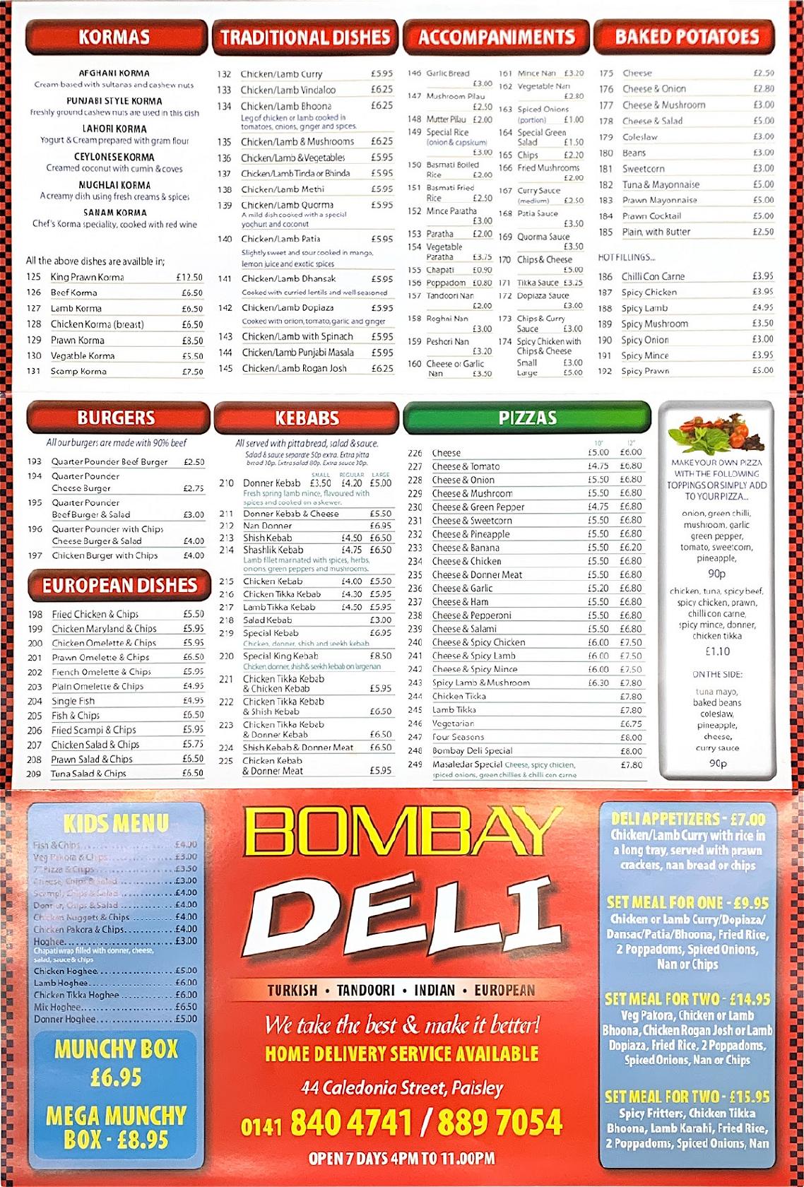 Menu at Bombay Deli fast food, Paisley
