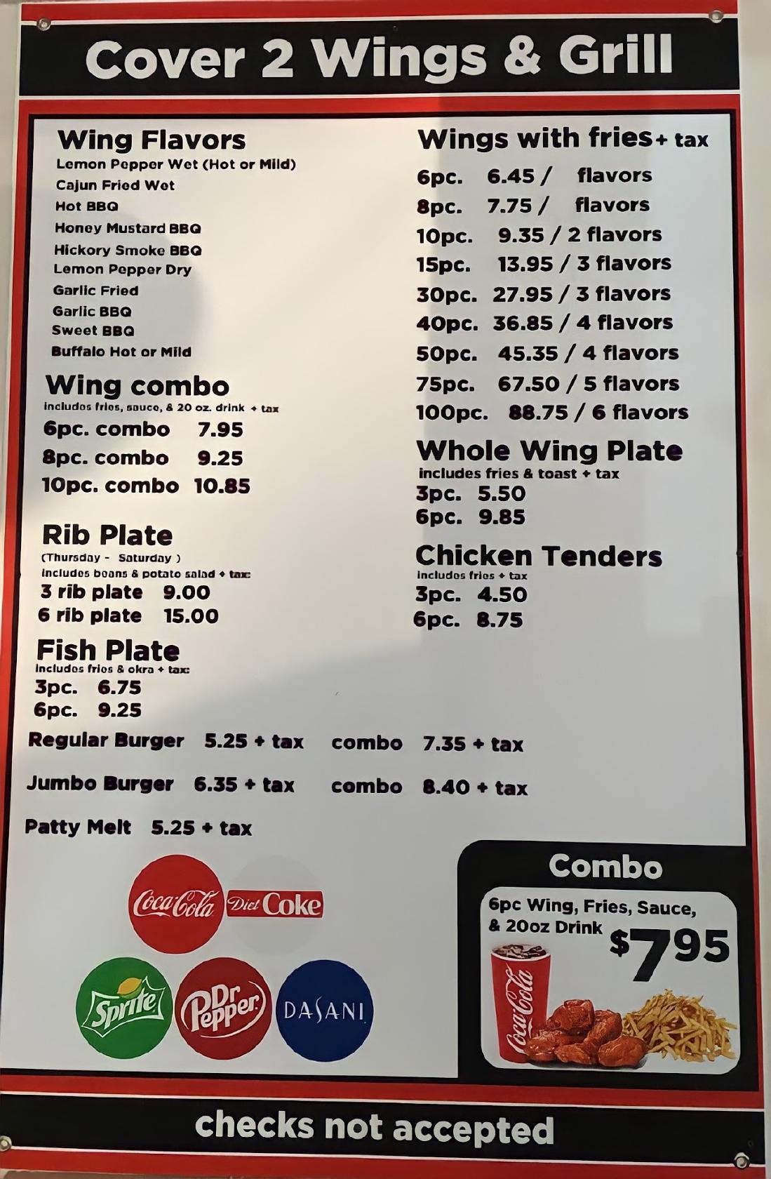 Menu at Cover 2 Wings & Grill restaurant, Bastrop