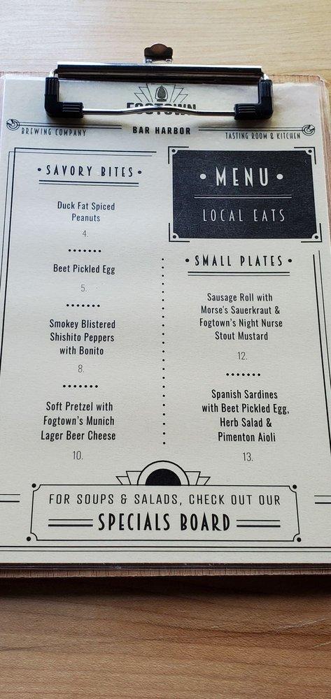 Menu at Fogtown Bar Harbor, Bar Harbor