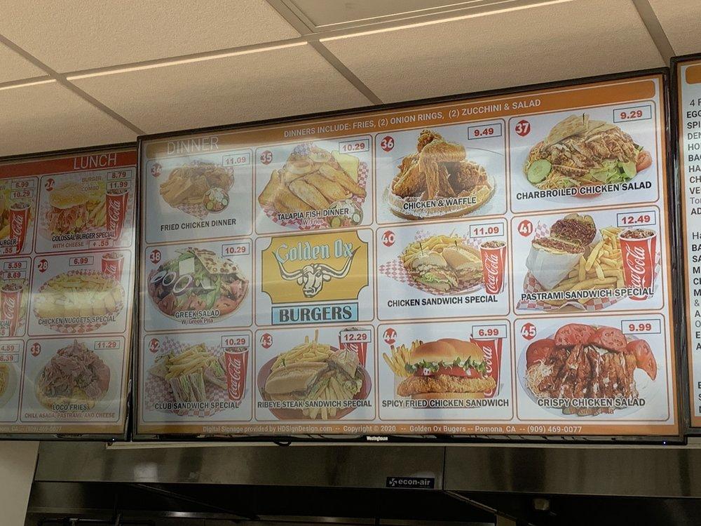 Menu at Golden Ox restaurant, Pomona