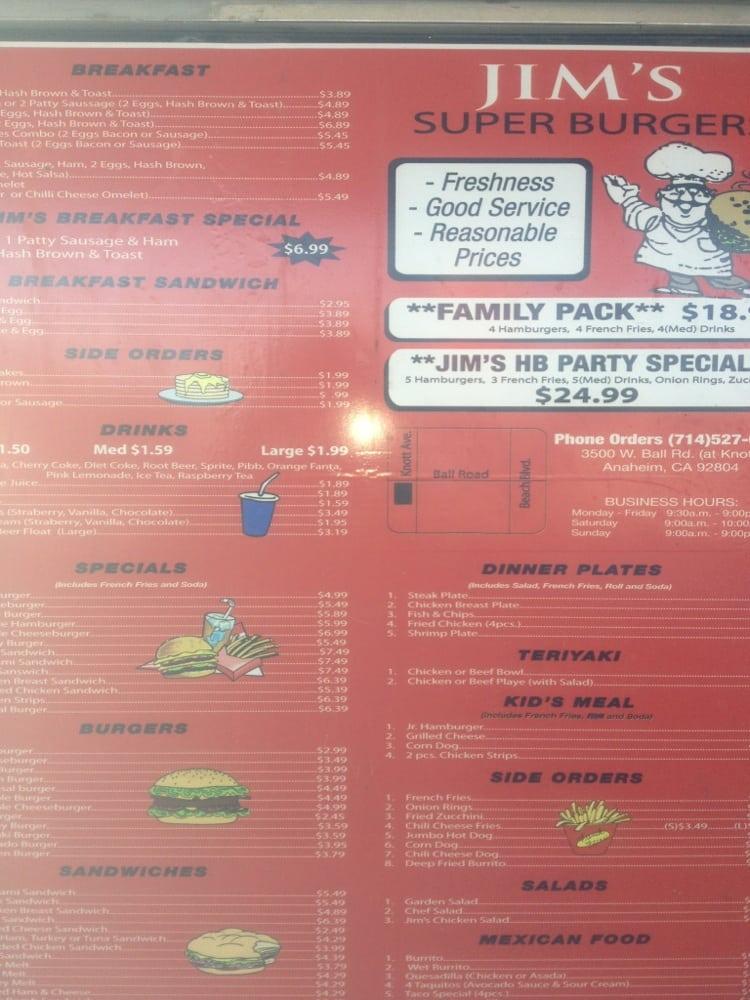 Menu at Jims Super Burgers fast food, Anaheim