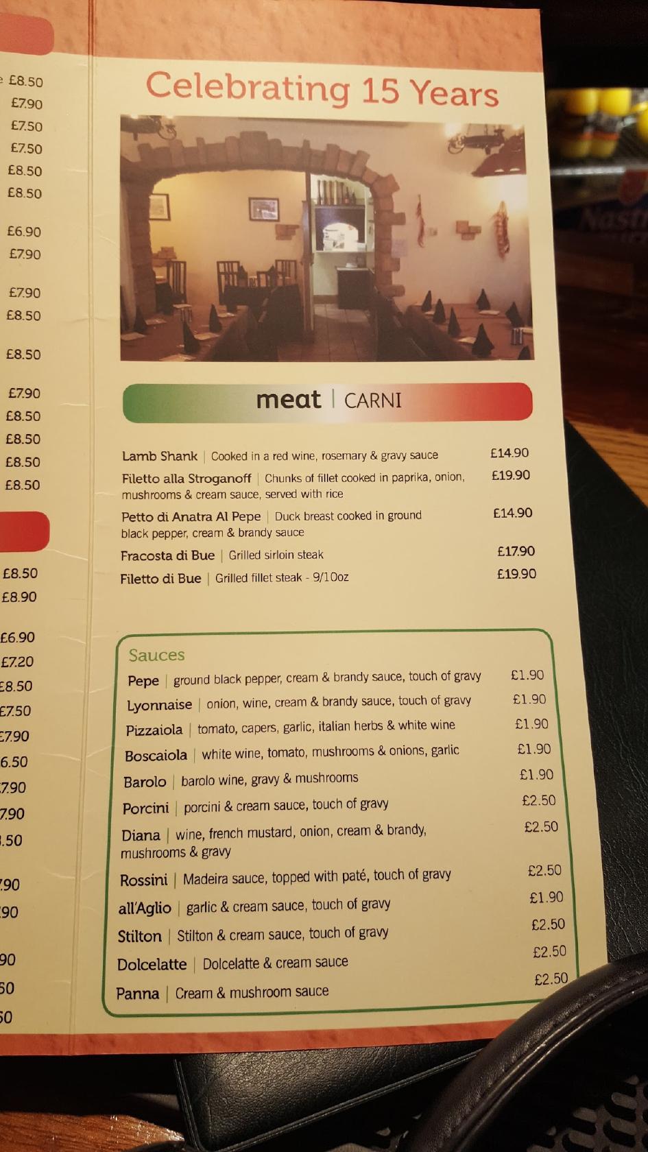 Menu at Mario’s pizzeria, Barnoldswick