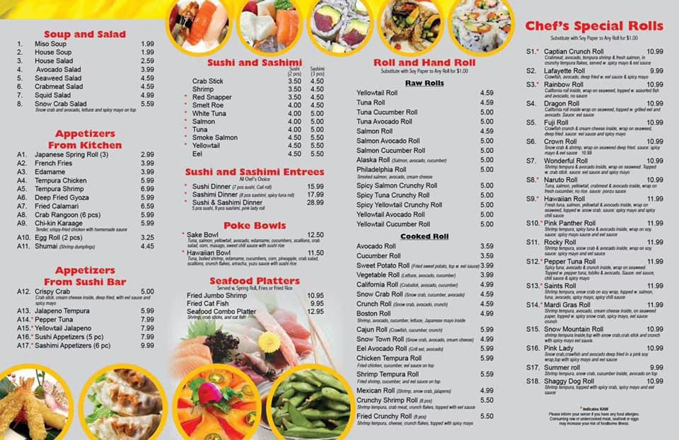 Menu at Sake Cafe, Rayne