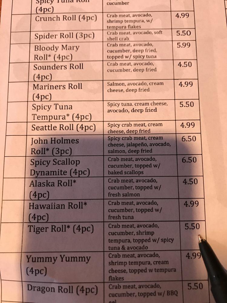 Menu at Sushido restaurant, Tacoma