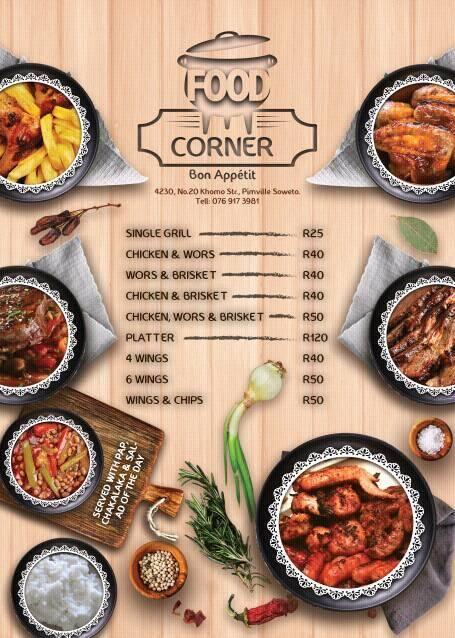 Menu at The Food Corner restaurant, Pimville, Khoma St