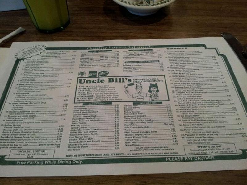Menu at Uncle Bill's Pancake House restaurant, Wildwood