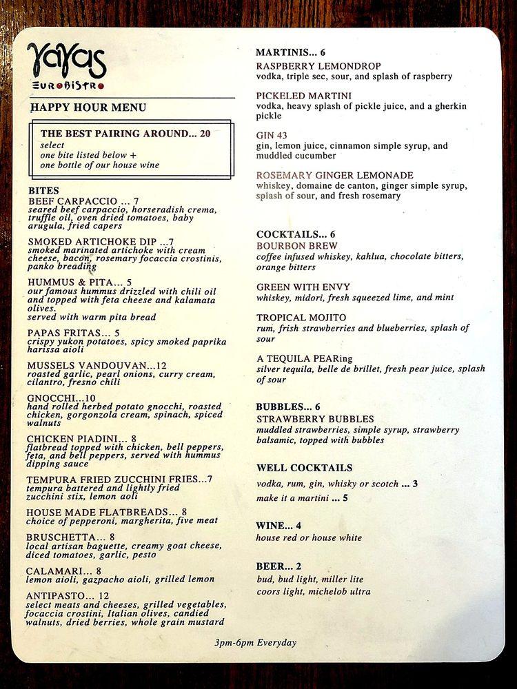 Menu at YaYas Euro Bistro in Overland Park restaurant, Overland Park