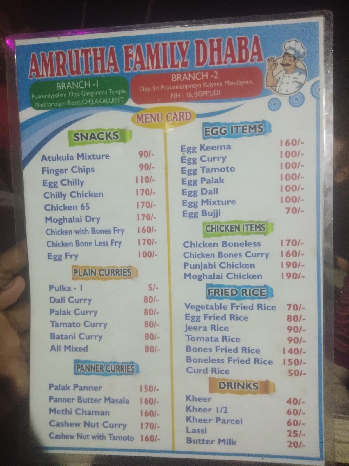 Menu at Amrutha Punjabi Dhaba, Mundlamuru
