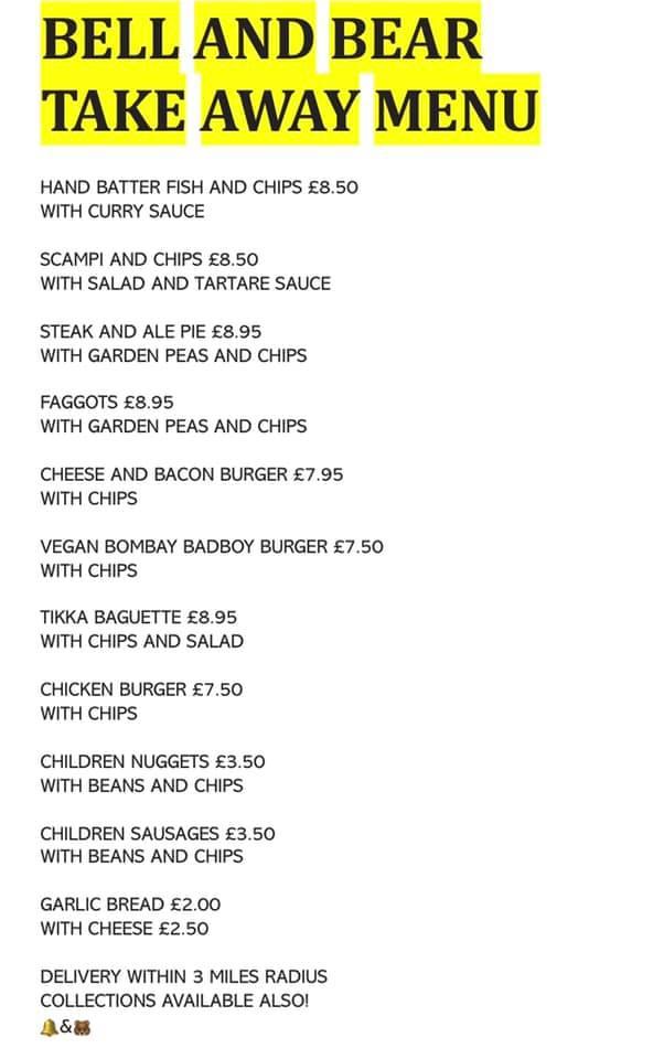 Menu at Bell & Bear Inn pub & bar, Rowley Regis