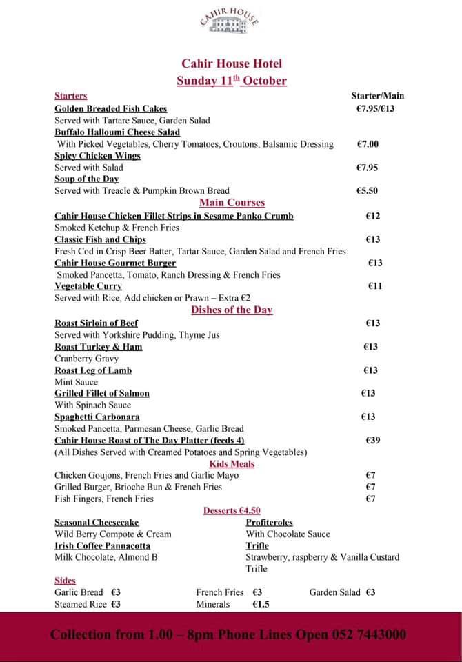 Menu at Cahir House Hotel restaurant, Cahir, The Square