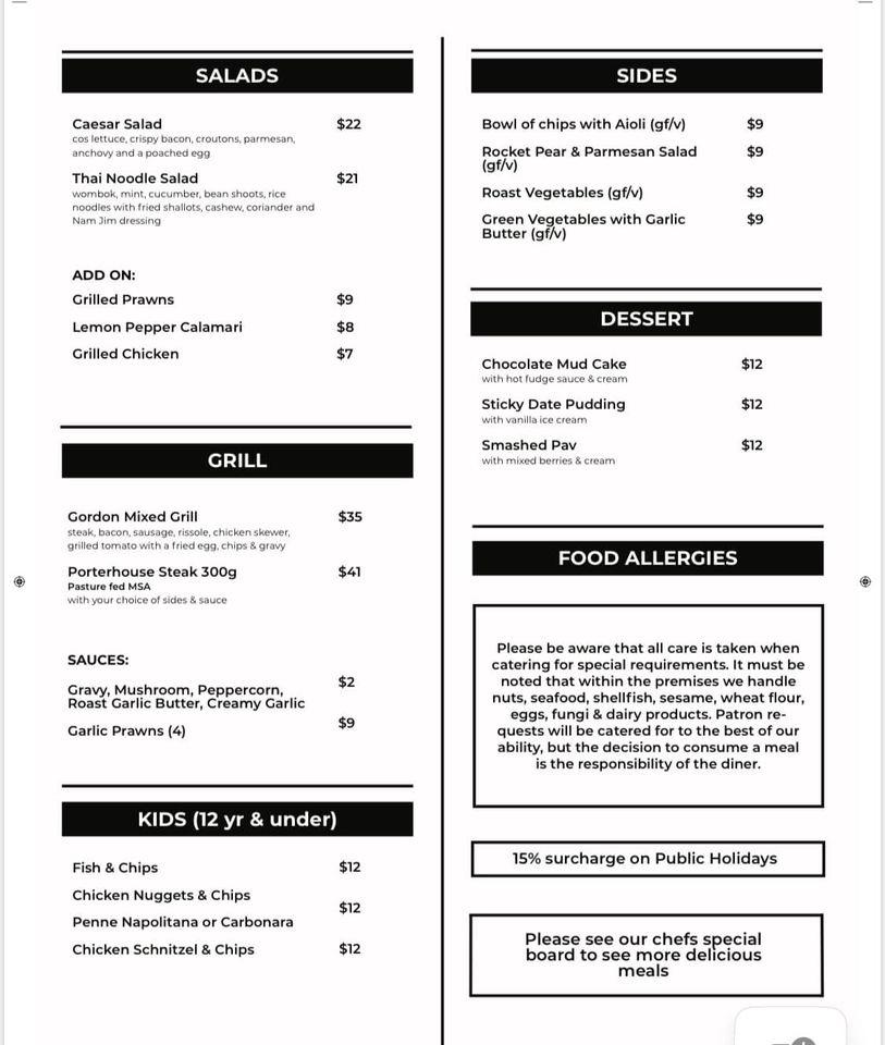 Menu at Gordon Hotel pub & bar, Portland