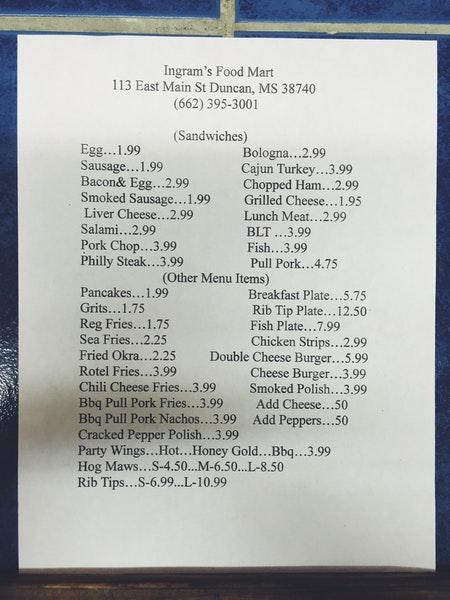 Menu at Ingram's Food Mart & Laundromat BBQ, Duncan