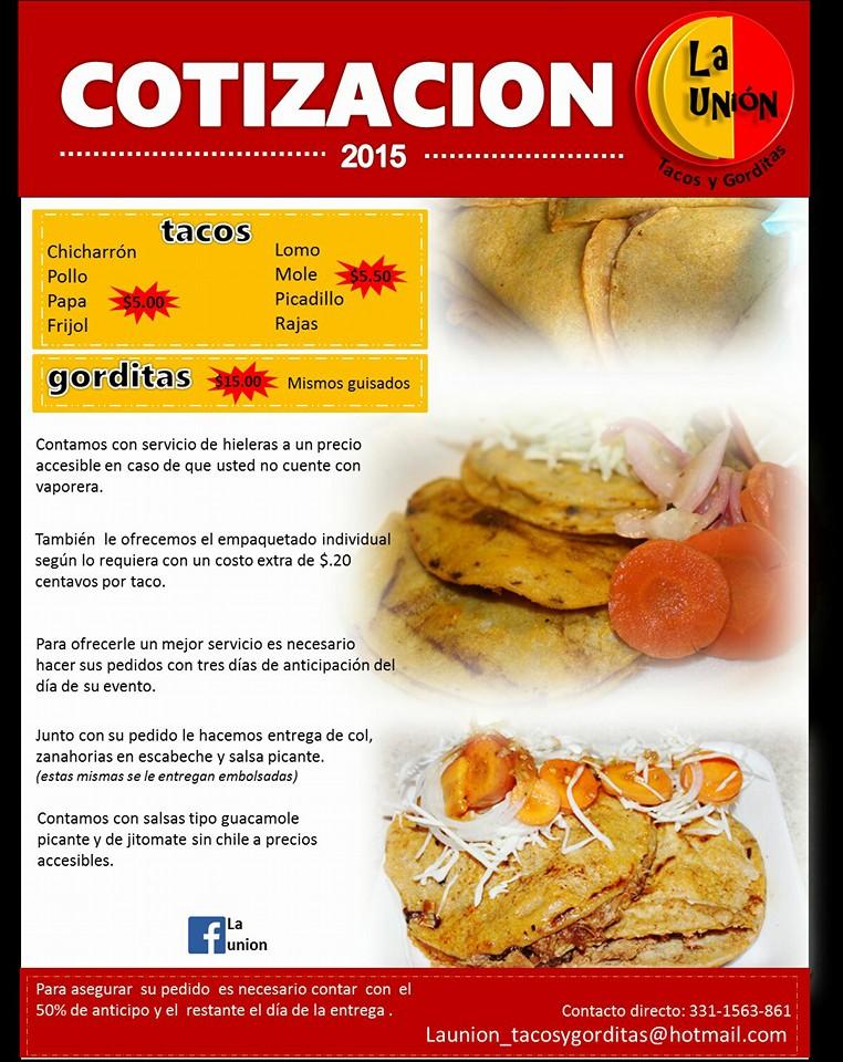 Carta de La Union Tacos y Gorditas, San Pedro Tlaquepaque