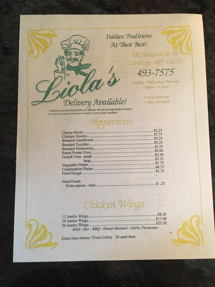 Menu at Liola's Pizzeria, Carthage