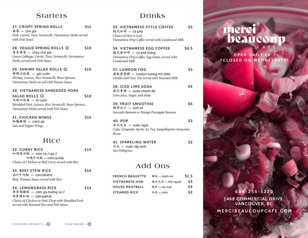 Menu at Merci Beaucoup Cafe, Vancouver