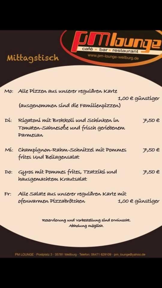 Speisekarte von PM Lounge-Bar, Inh. Daniela Loibl, Weilburg