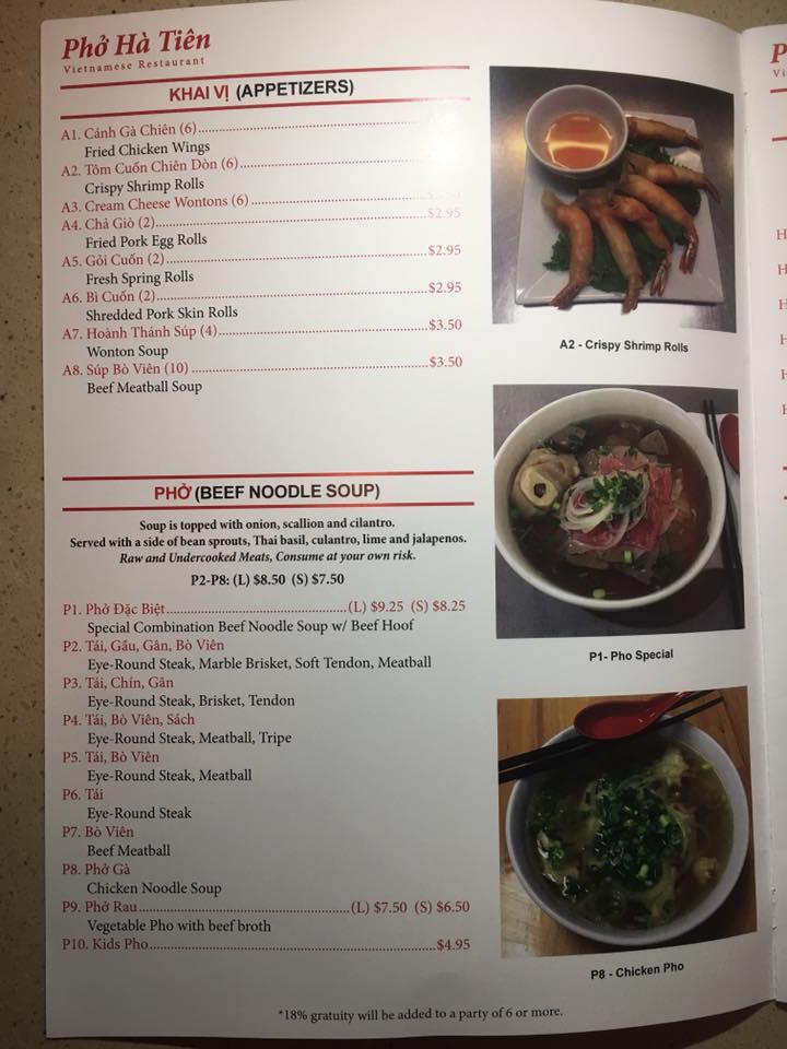 Menu at Pho Ha Tien restaurant, Pinellas Park