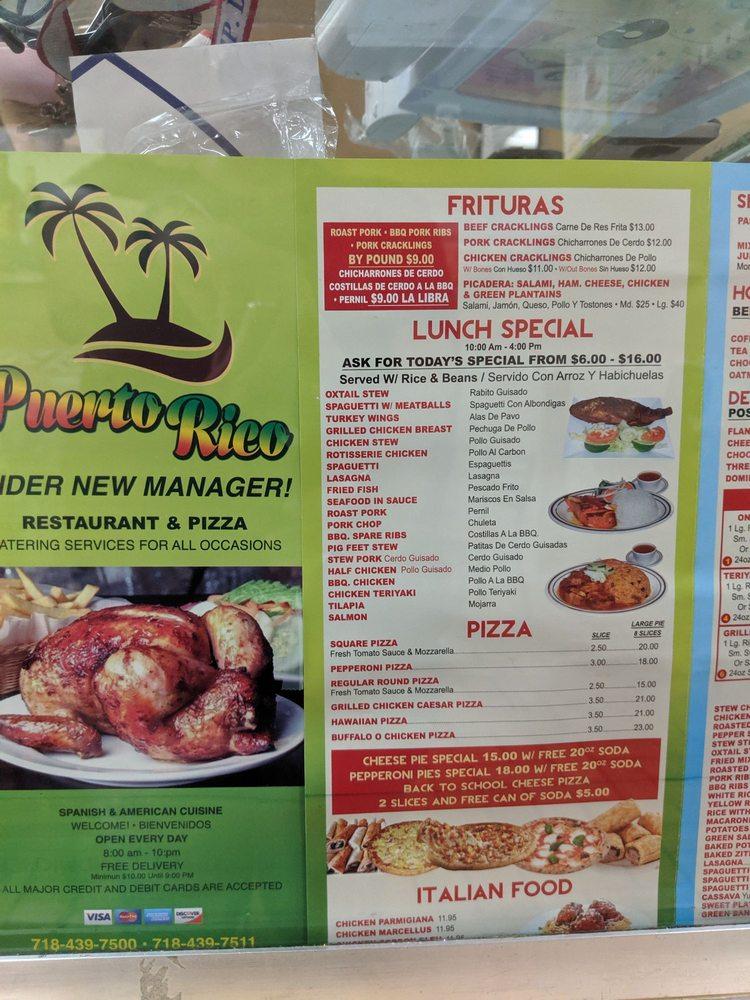 Menu at Puerto Rico pizzeria, New York City
