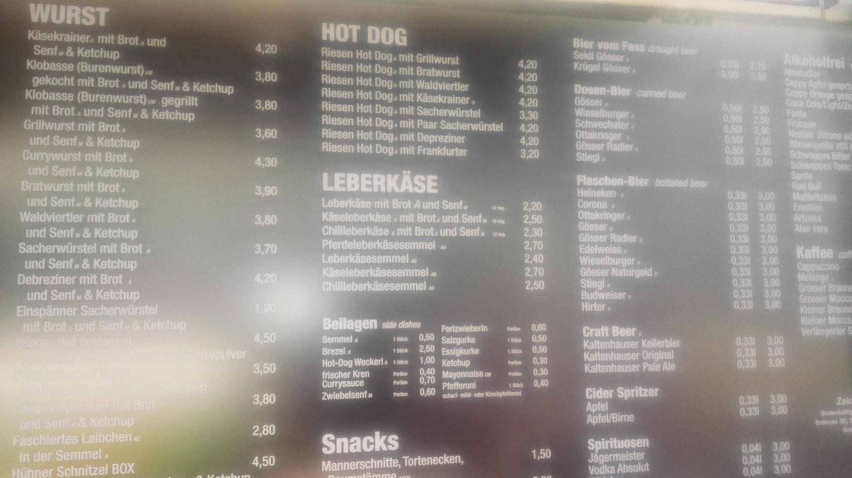 Speisekarte von Zum Kaiser Würstelstand restaurant, Wien, Krugerstraße 1