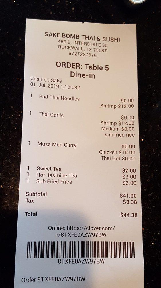 Menu at Sake Bomb Thai and Sushi Bar, Rockwall