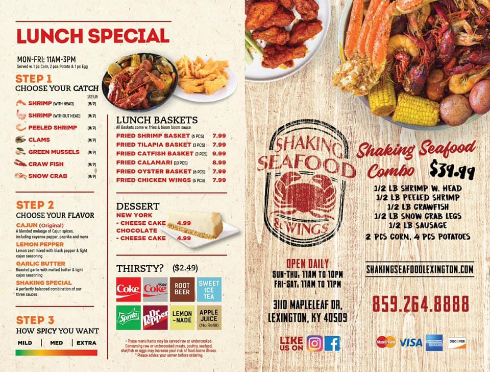 Menu at Shaking Seafood & Wings restaurant, Lexington