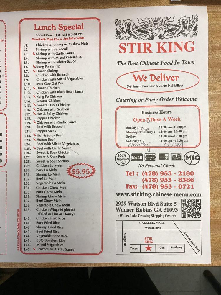 Menu at Stir King restaurant, Warner Robins