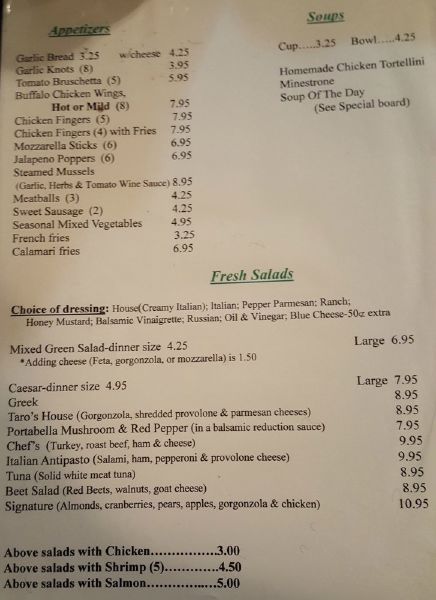 Menu at Taro's pizzeria, Millerton