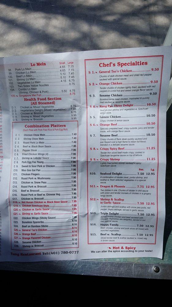 Menu at Yang Restaurant, Providence, 924 Broad St