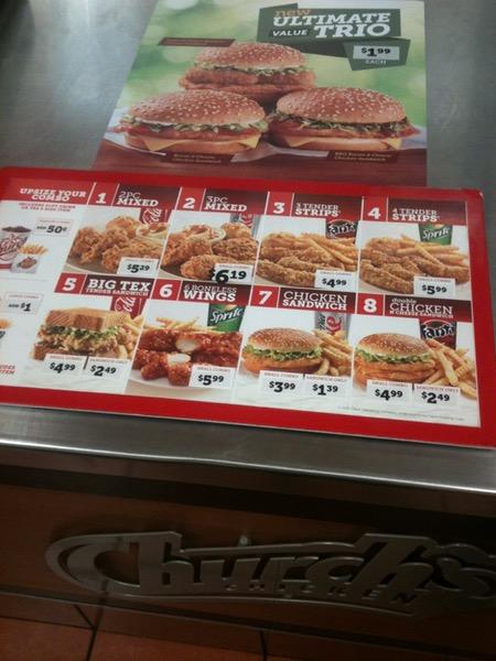 Menu at Church's Texas Chicken fast food, Goodyear, W Van Buren St