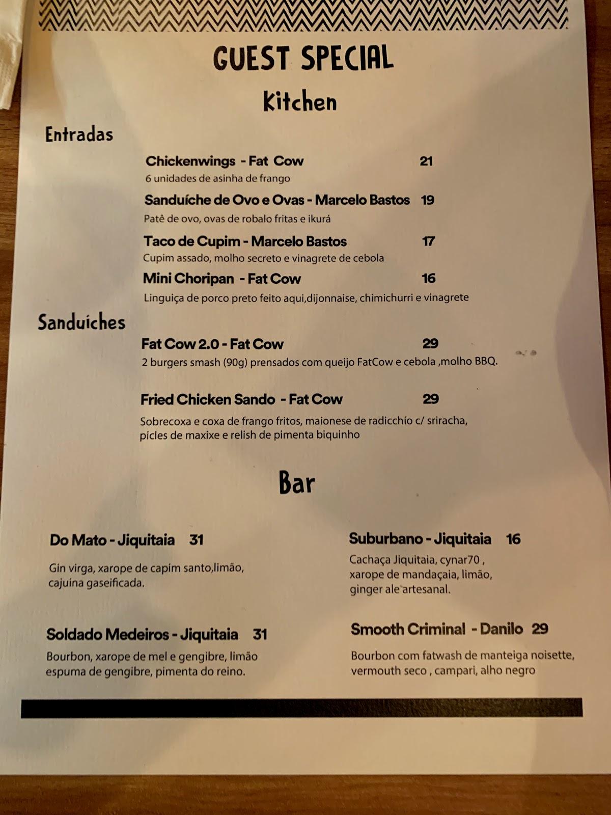 Menu at Fat Cow restaurant, São Paulo
