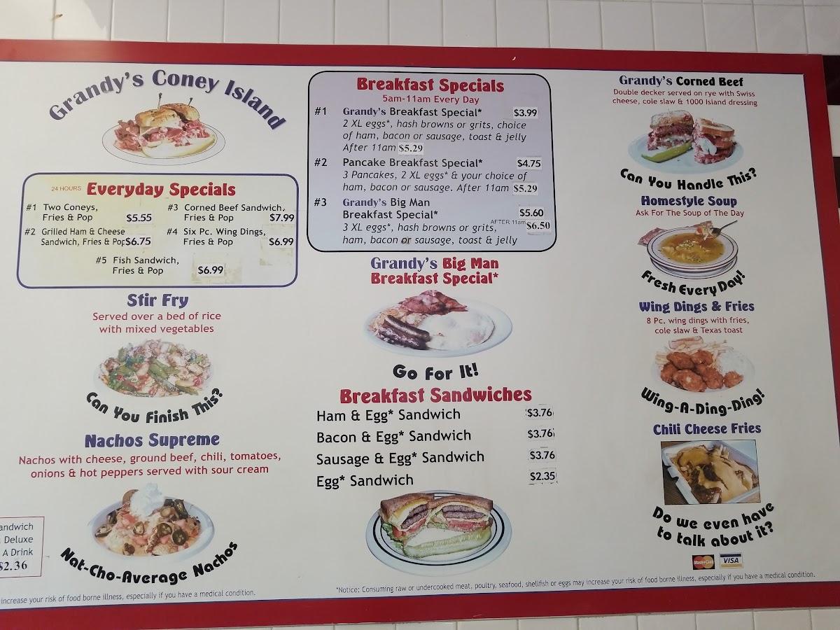 Menu at Grandy's Coney Island fast food, Detroit, Holbrook Ave