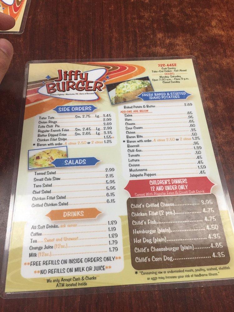 Menu at Jiffy Burger restaurant, Manchester