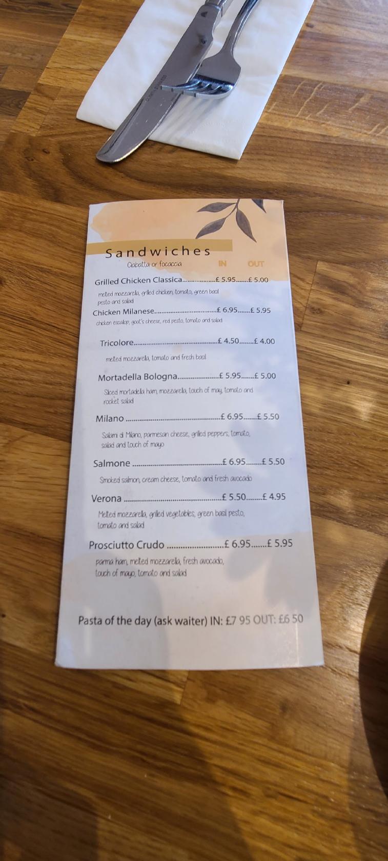Menu at La Casetta cafe, Twickenham